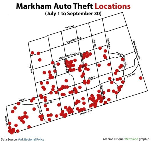 Auto theft locations in Markham, Richmond Hill and Vaughan