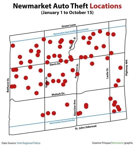 MAP: Auto theft locations in Newmarket and Aurora in 2024